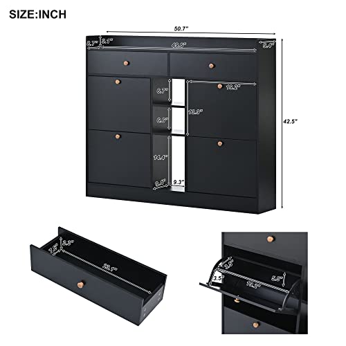 SSLine Boho 4-Door Shoe Cabinet with 2 Drawers Free-Standing Shoe Rack Modern Black Wood Shoe Storage Organizer w/Flip Down Storage Shelves for Entryway Hallway Small Space