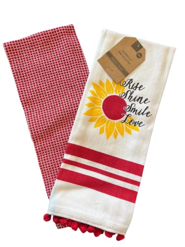 Lunch Money Set of 2 Sunflowers Themed Kitchen Towels Hand Towels Spring Towels - Sunflower Towel Rise Shine Smile Love and Matching Red Towel with White Stitching