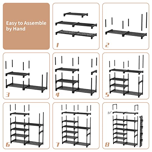 ROJASOP 7-Tier Shoe Rack for Entryway Closet, 25-28 Pairs Tall Garage Shoe Rack for Closet with Side Hooks Large Shoe Rack Storage Organizer Metal Stackable Boot Shoe Rack for Garage, Bedroom