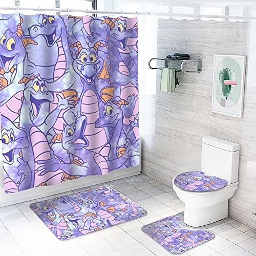 JIYINJI Figment 4 Piece Shower Curtain Sets,Non-Slip Rugs, Toilet Lid Cover and Bath Mat, Durable for Bathroom Decor Set.