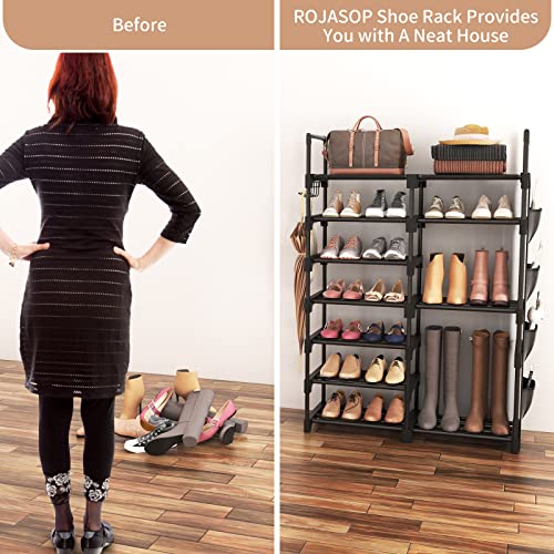 ROJASOP 7-Tier Shoe Rack for Entryway Closet, 25-28 Pairs Tall Garage Shoe Rack for Closet with Side Hooks Large Shoe Rack Storage Organizer Metal Stackable Boot Shoe Rack for Garage, Bedroom