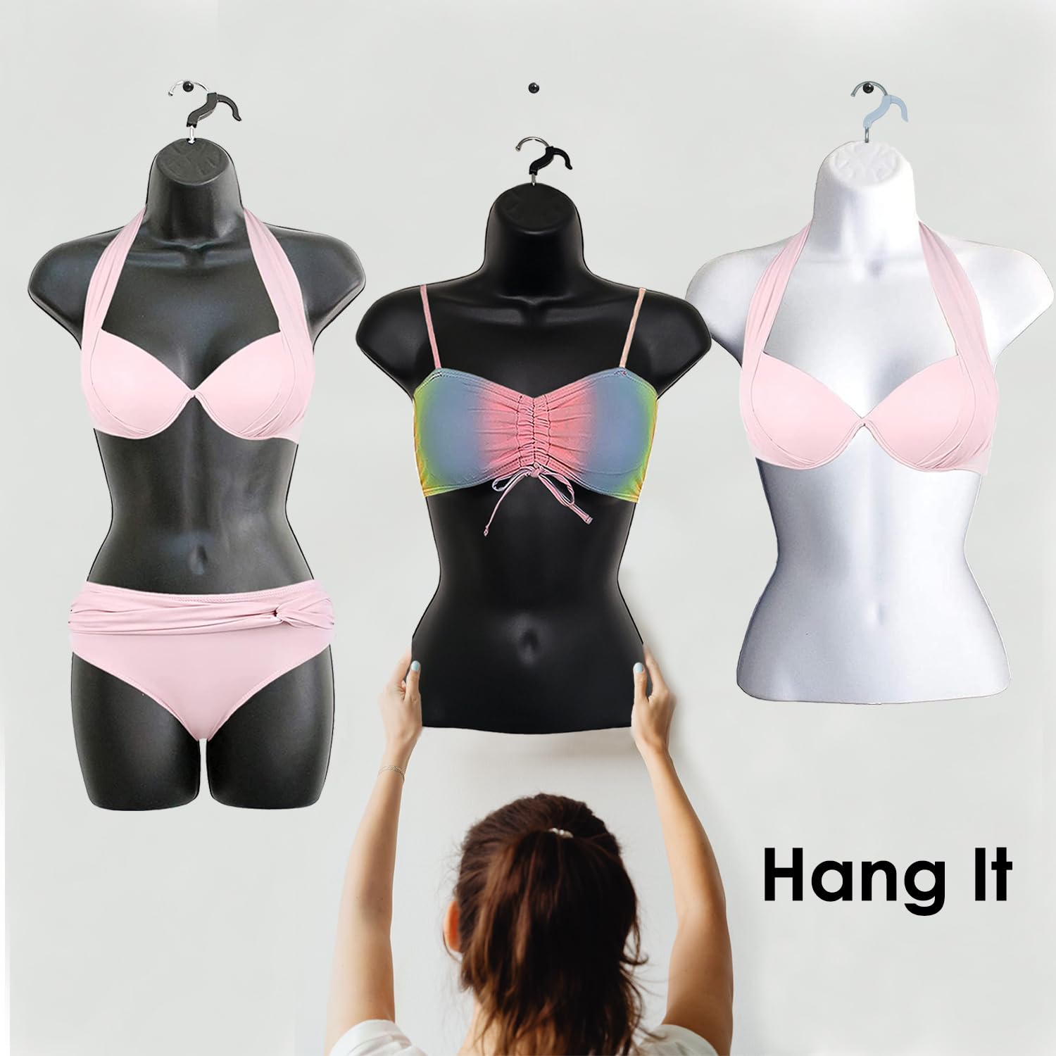 DisplayTown Black Female Mannequin Hip Long Hollow Back Body Torso Dress Form & Hanging Hook, S-M Sizes (10 Pack)