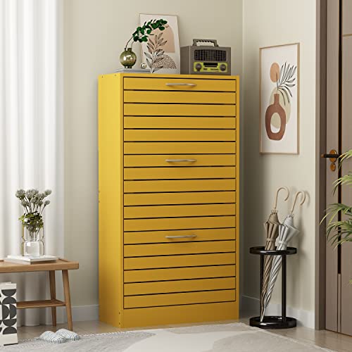 Homsee 3-Drawer Shoe Storage Cabinet with Louver Doors, 3-Tier Wood Shoe Rack Storage Organizer for Entryway, Yellow (22.4”L x 9.4”W x 42.3”H)