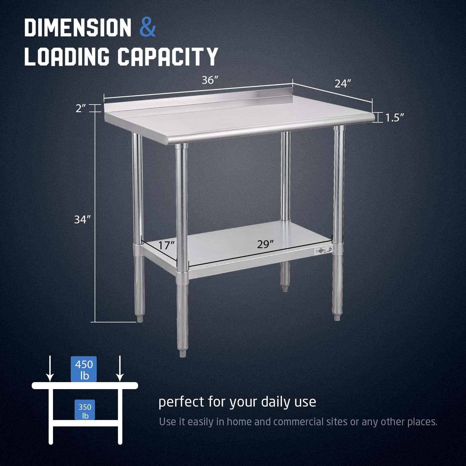 Profeeshaw Stainless Steel Prep Table NSF Commercial Work Table with Backsplash and Undershelf for Kitchen Restaurant 24x36 Inch