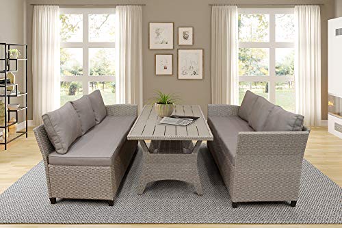 LZ LEISURE ZONE Patio Furniture Sets, 3 Piece Outdoor Patio Dining Table Set, PE Rattan Wicker Conversation Set, All-Weather Sectional Sofa Set with Table & Soft Cushions, Brown+Light Brown