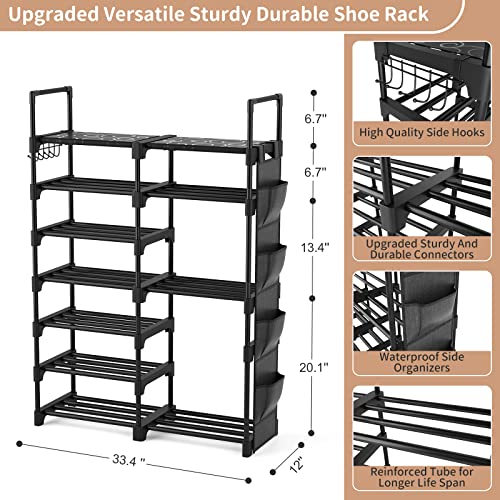 ROJASOP 7-Tier Shoe Rack for Entryway Closet, 25-28 Pairs Tall Garage Shoe Rack for Closet with Side Hooks Large Shoe Rack Storage Organizer Metal Stackable Boot Shoe Rack for Garage, Bedroom