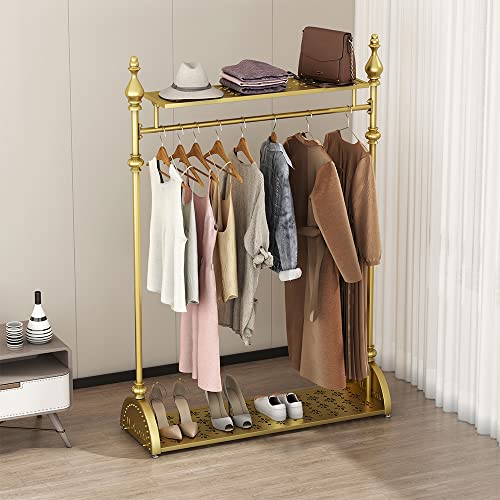 Clothing Rack Gold, Industrial Clothes Rack for hanging Clothes with Double Shelves Freestanding Multi-functional Heavy Duty Garment Rack, Metal Movable Portable Coat Rack for Organizing Clothes Shoes