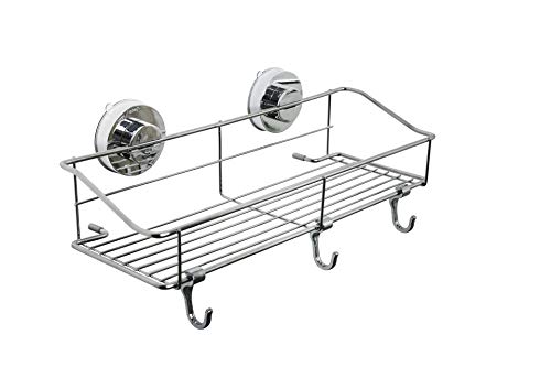 Queta Strong Suction Cup Shower Caddy Bath Shelf Storage with 3 Hooks, Wall Mounted Bathroom Organizer Stainless Steel shower Rack for Shampoo Conditioner Razor, Rectangle Basket for Kitchen Storage