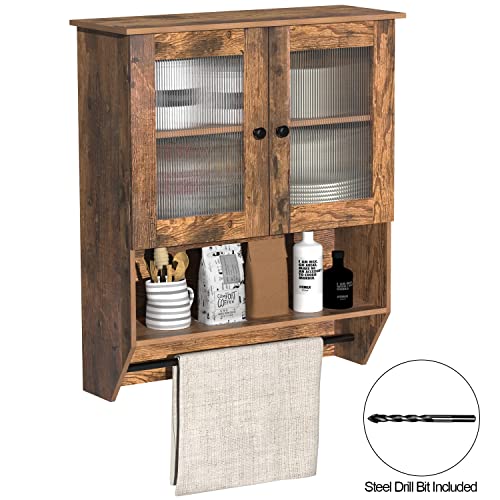 Tohomeor Bathroom Wall Cabinet with Towels Bar Wooden Medicine Cabinet with 2 Doors Wall Mounted Storage Cabinet Over Toilet Bathroom Cabinet (Brown)