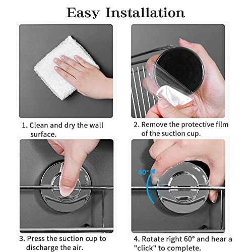 Queta Strong Suction Cup Shower Caddy Bath Shelf Storage with 3 Hooks, Wall Mounted Bathroom Organizer Stainless Steel shower Rack for Shampoo Conditioner Razor, Rectangle Basket for Kitchen Storage