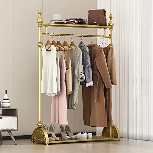 Clothing Rack Gold, Industrial Clothes Rack for hanging Clothes with Double Shelves Freestanding Multi-functional Heavy Duty Garment Rack, Metal Movable Portable Coat Rack for Organizing Clothes Shoes