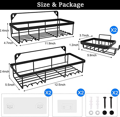 Adhesive Shower Caddy (2 Pack) with 2 Soap Dishes, Shower Shelf with Hooks, No Drilling/ Wall Mounted Shower Rack Rustproof Stainless Steel Shower Organizer for Inside Shower & Kitchen Storage (Black)