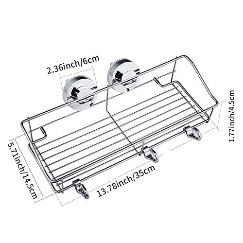 Queta Strong Suction Cup Shower Caddy Bath Shelf Storage with 3 Hooks, Wall Mounted Bathroom Organizer Stainless Steel shower Rack for Shampoo Conditioner Razor, Rectangle Basket for Kitchen Storage