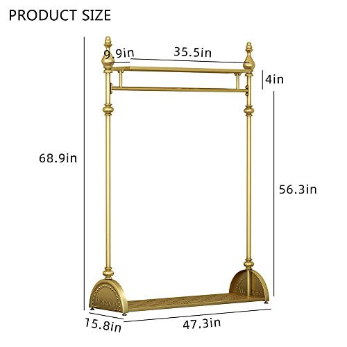 Clothing Rack Gold, Industrial Clothes Rack for hanging Clothes with Double Shelves Freestanding Multi-functional Heavy Duty Garment Rack, Metal Movable Portable Coat Rack for Organizing Clothes Shoes