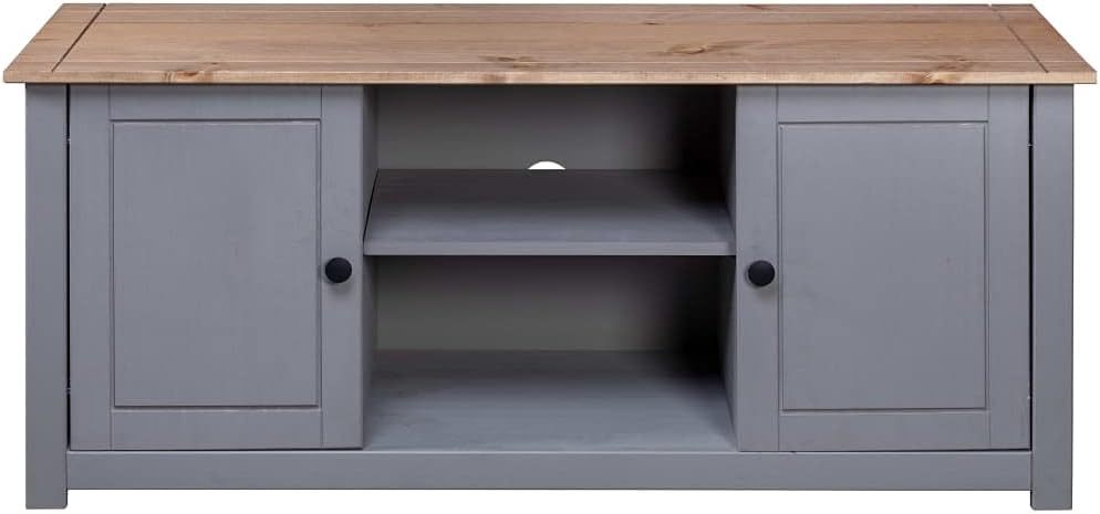 vidaXL Solid Pine Wood TV Stand - Panama Range - Gray, Retro Design, Ideal for Living Room, 47.2"x15.7"x19.7" with 2 Doors, 2 Compartments, Scandinavian Style