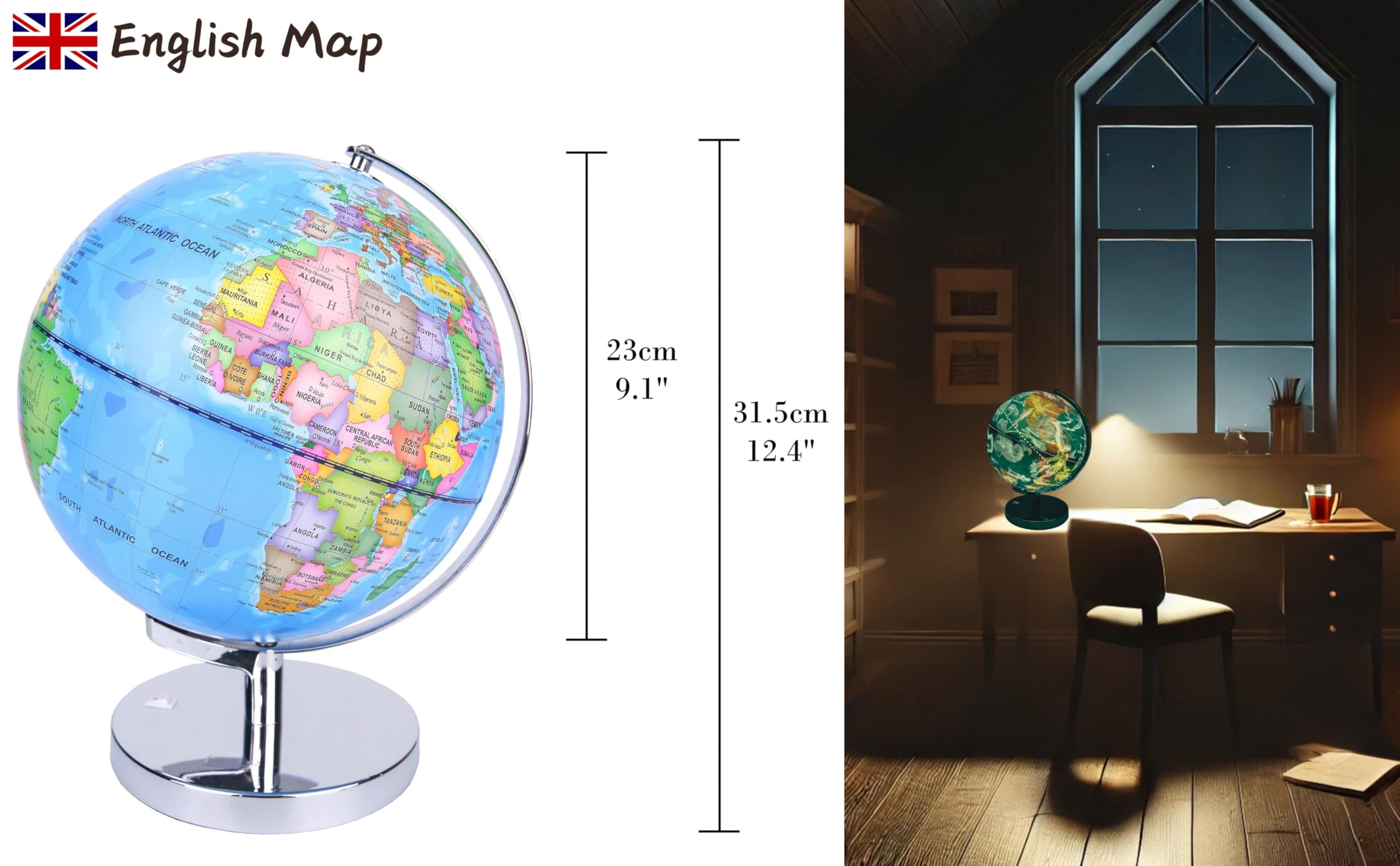 Exerz Illuminated World Globe 9.1-inch Diameter Metal Base - Political Map (Day) Constellation Globe (Night) - 2 in 1 Light up Cable Free LED lamp