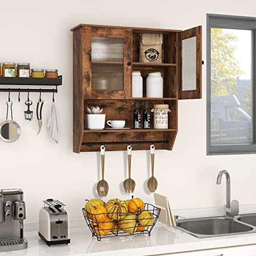 Tohomeor Bathroom Wall Cabinet with Towels Bar Wooden Medicine Cabinet with 2 Doors Wall Mounted Storage Cabinet Over Toilet Bathroom Cabinet (Brown)