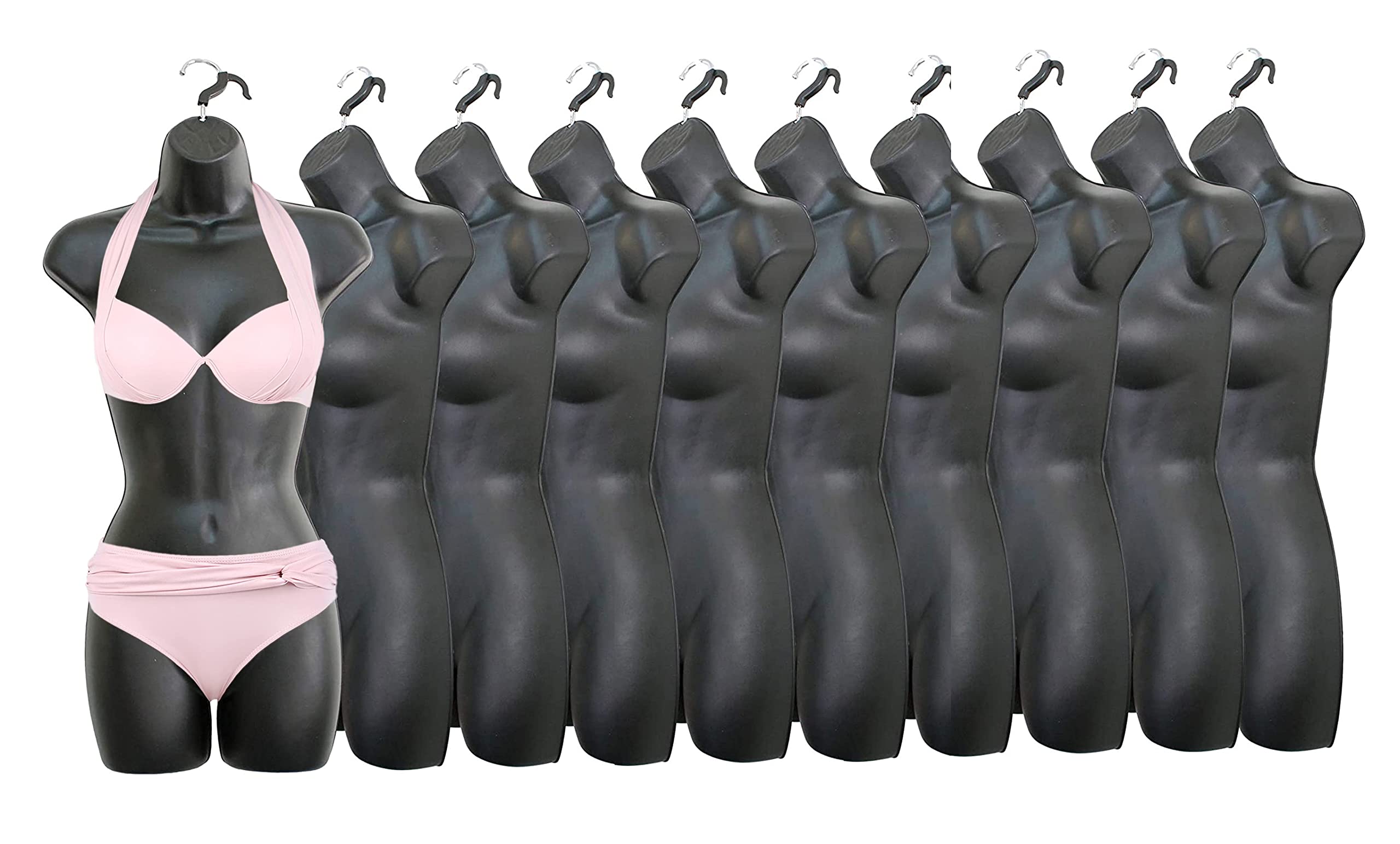 DisplayTown Black Female Mannequin Hip Long Hollow Back Body Torso Dress Form & Hanging Hook, S-M Sizes (10 Pack)