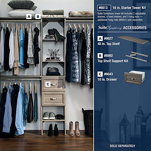 ClosetMaid SuiteSymphony Wood Drawer, Add On Accessory, Shaker Style, for Storage, Closet Clothes, x 10β Size for 16 in. Units, Graphite Grey/Satin Nickel