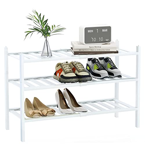 Quiqear Bamboo Shoe Rack, 3 Tier Shoe Rack Organizer, Stackable & Durable Shoe Shelf Holder, Free Standing Shoe Racks, Shoe Storage Organizer for Entryway, Closet, Hallway, 27.2*11*18.3inch (White)