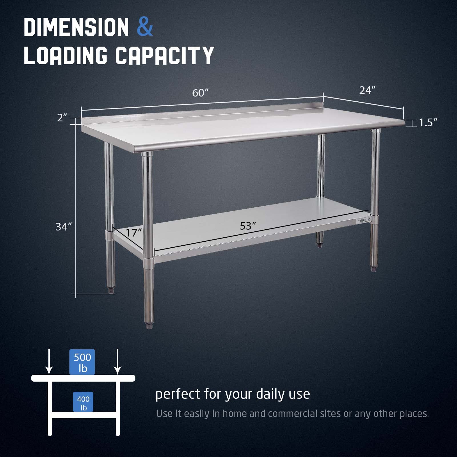 Profeeshaw Stainless Steel Prep Table NSF Commercial Work Table with Backsplash and Undershelf for Kitchen Restaurant 24x60 Inch