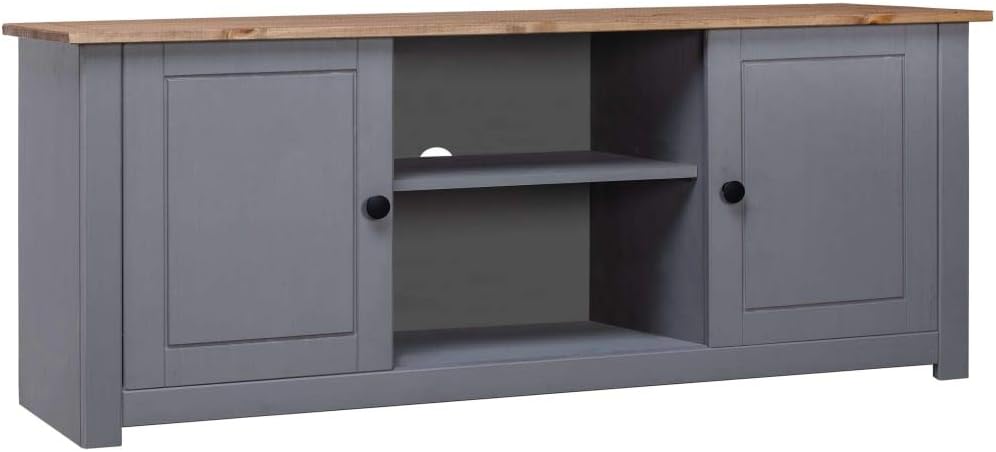 vidaXL Solid Pine Wood TV Stand - Panama Range - Gray, Retro Design, Ideal for Living Room, 47.2"x15.7"x19.7" with 2 Doors, 2 Compartments, Scandinavian Style