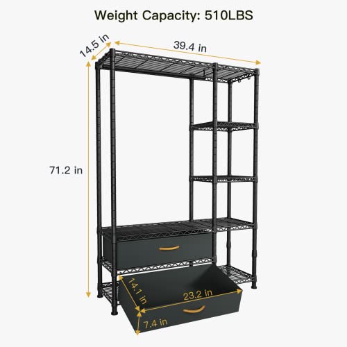 Ulif F3 Freestanding Closet Garment Rack, 5 Tiers Adjustable Heavy Duty Clothes Organizer Storage with 2 Fabric Drawers, Suitable for Bedroom, Apartment, and Cloakroom, 39.4"W x 14.5"D x 71.2"H, Black