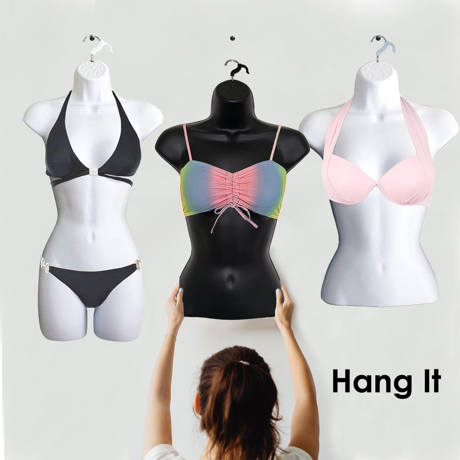 DisplayTown White Female Mannequin Hip Long Hollow Back Body Stackable Dress Form with Hanging Hook for Tshirt Display, Countertop, Craft Shows, Photos and Design, S-M Clothing Size