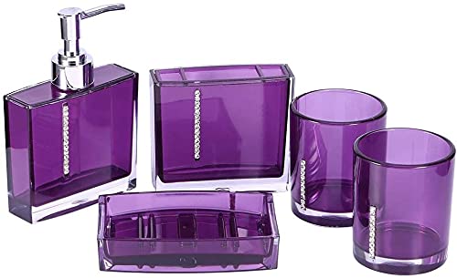 Purple Bathroom Accessories Set Purple Bathroom Accessories Bathroom Designer 5-Piece Bath Accessory Set,Acrylic Gift Set Toothbrush Holder Toothbrush Cup Soap Dispenser Soap Dish Toilet Brush Holder