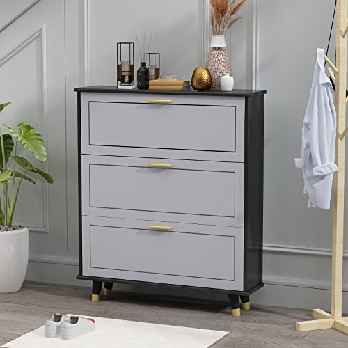 AIEGLE Shoe Cabinet with 3 Flip Drawers, Floor Shoe Storage Organizer Wood Shoe Rack for Entryway Halloway Living Room, Grey (35.4" L x 9.4" W x 47.2" H)