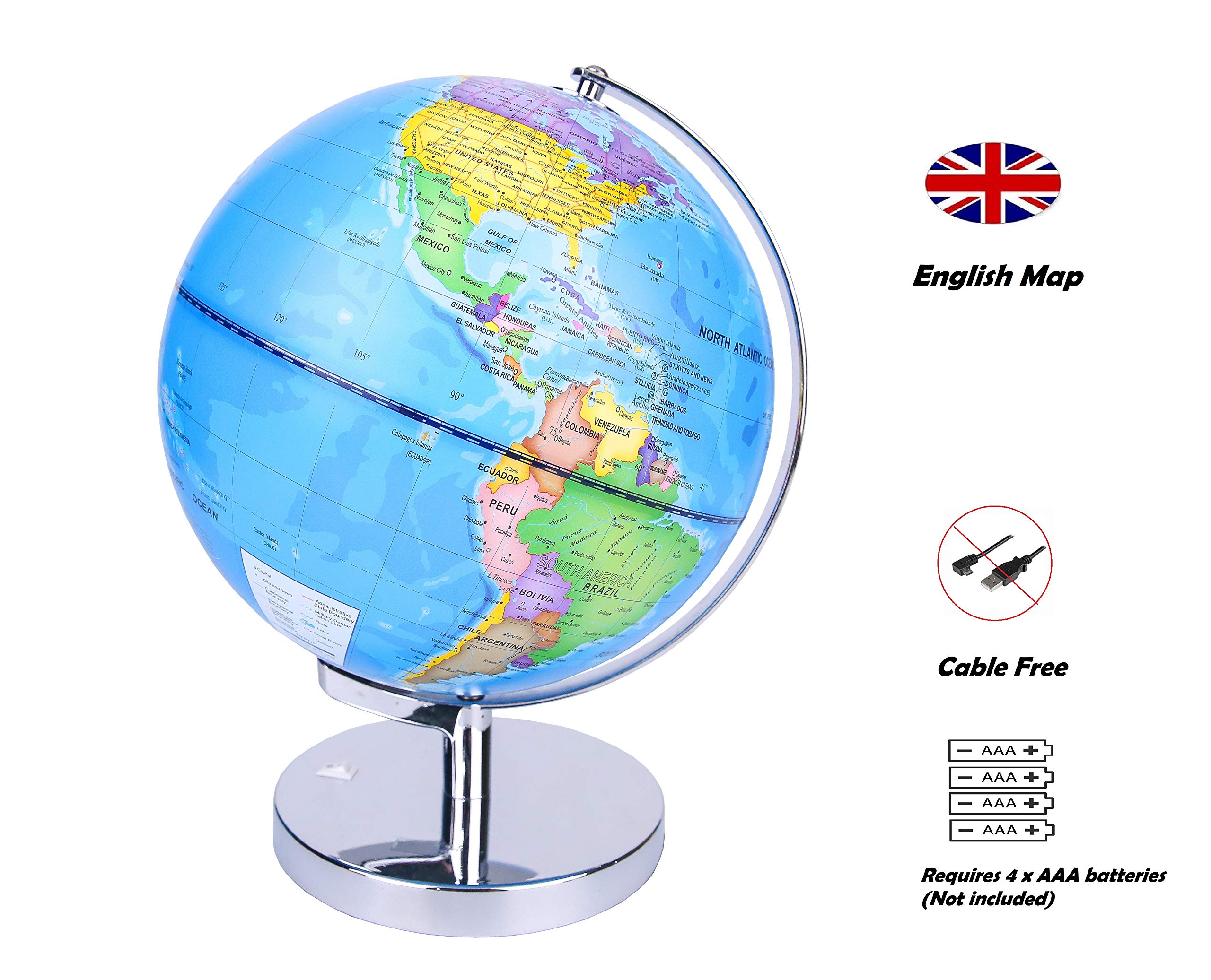 Exerz Illuminated World Globe 9.1-inch Diameter Metal Base - Political Map (Day) Constellation Globe (Night) - 2 in 1 Light up Cable Free LED lamp