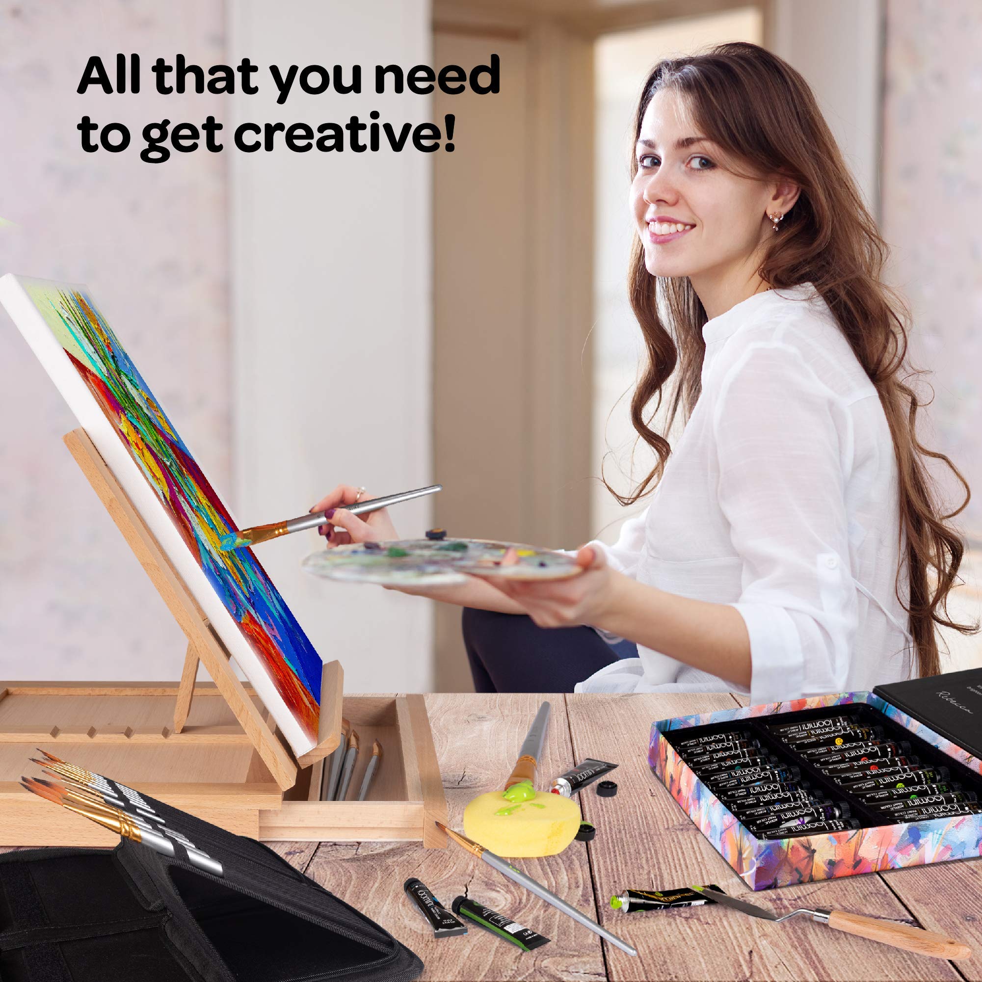 Acrylic Paint Set for Adults & Kids Includes Tabletop Easel Canvas and Brushes 24 Acrylic Paint Colors 15 Brushes 1 Easel 1 Canvas | Painting Kit for Adults