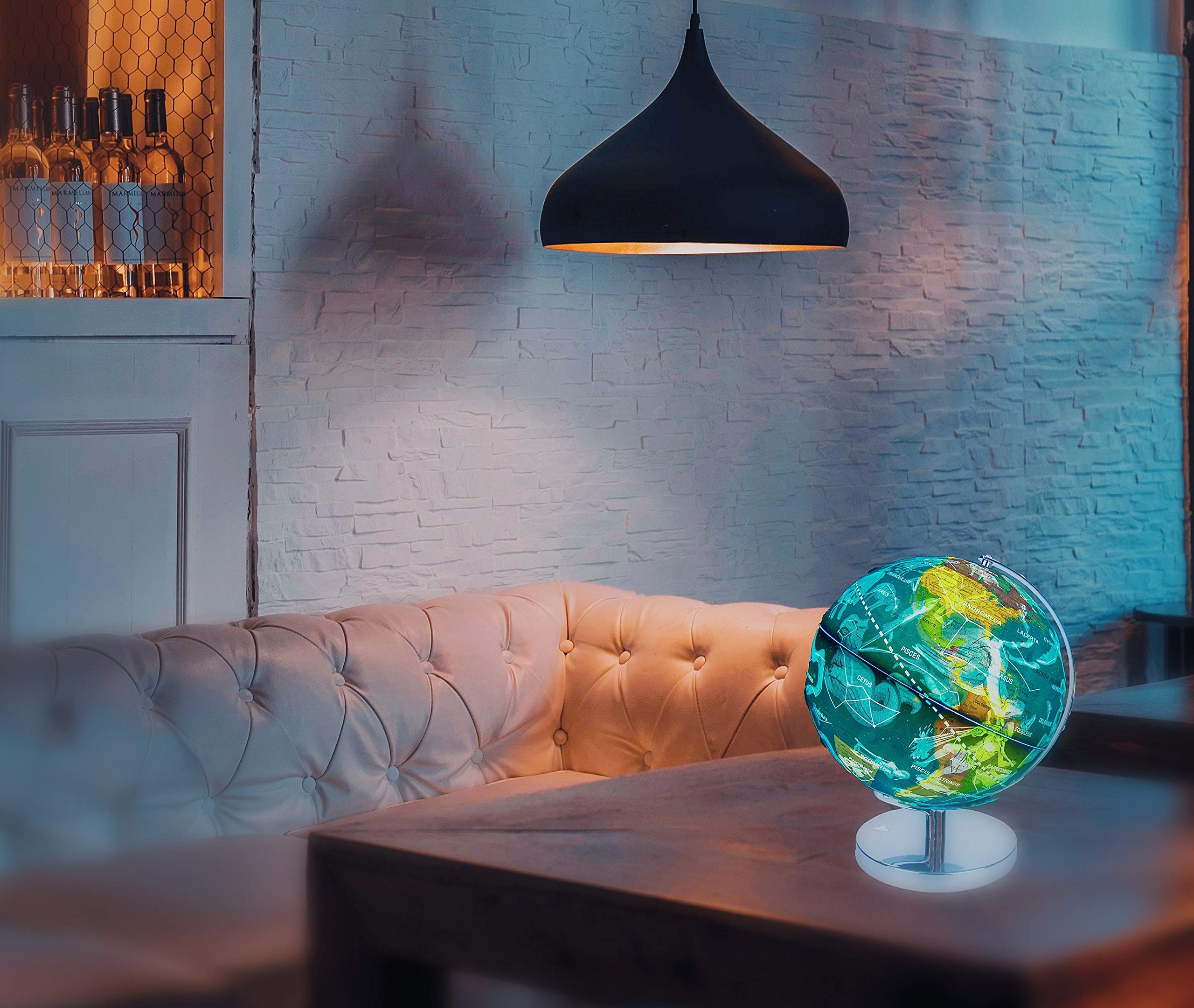 Exerz Illuminated World Globe 9.1-inch Diameter Metal Base - Political Map (Day) Constellation Globe (Night) - 2 in 1 Light up Cable Free LED lamp