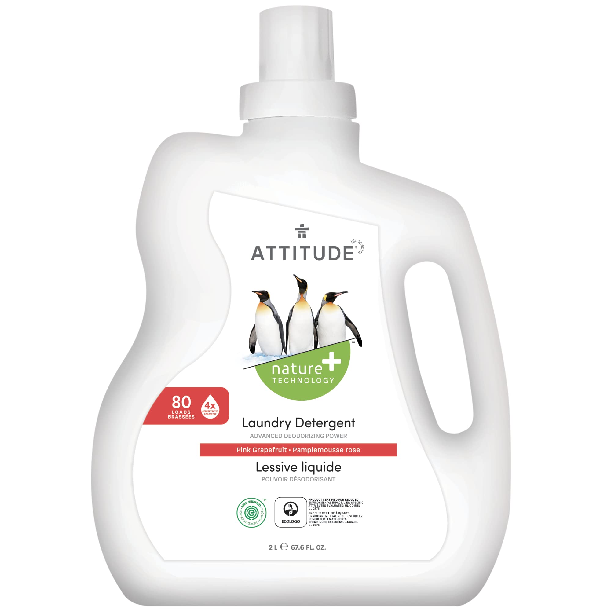 ATTITUDE Liquid Laundry Detergent, EWG Verified Laundry Soap, HE Compatible, Vegan and Plant Based Products, Cruelty-Free, Pink Grapefruit, 80 Loads, 67.6 Fl Oz