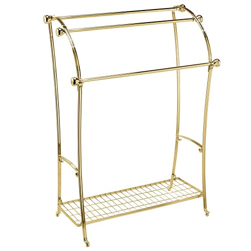 mDesign Large Standing Metal Bathroom Towel Holder Stand with Shelf - 3-Tier Towel Rack Stand for Hanging Bath, Hand, and Fingertip Towels - Towel Stand for Bathroom - Hyde Collection - Soft Brass