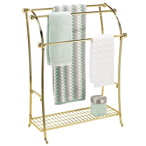 mDesign Large Standing Metal Bathroom Towel Holder Stand with Shelf - 3-Tier Towel Rack Stand for Hanging Bath, Hand, and Fingertip Towels - Towel Stand for Bathroom - Hyde Collection - Soft Brass