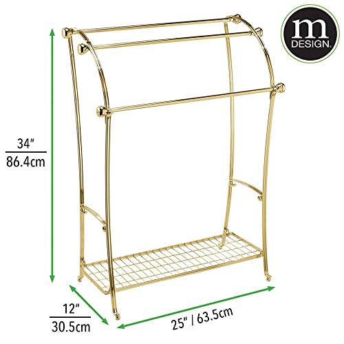 mDesign Large Standing Metal Bathroom Towel Holder Stand with Shelf - 3-Tier Towel Rack Stand for Hanging Bath, Hand, and Fingertip Towels - Towel Stand for Bathroom - Hyde Collection - Soft Brass