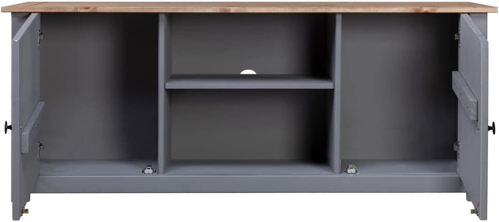 vidaXL Solid Pine Wood TV Stand - Panama Range - Gray, Retro Design, Ideal for Living Room, 47.2"x15.7"x19.7" with 2 Doors, 2 Compartments, Scandinavian Style
