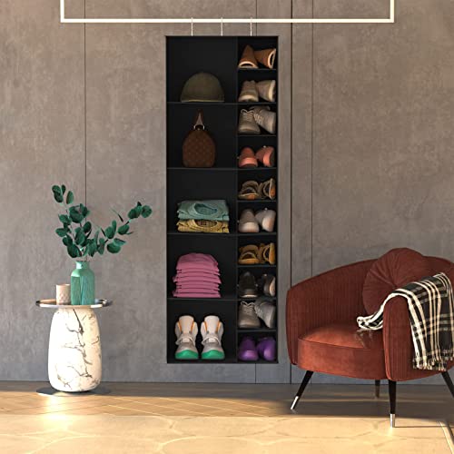 Libeder Shoe Organizer for Closet, 15 Shelf Hanging Closet Storage Shelves - 10 Shoe Rack Organizer and 5 Compartment for Clothes with 6 Side Mesh Pockets for Scarf, Socks,Gloves Black
