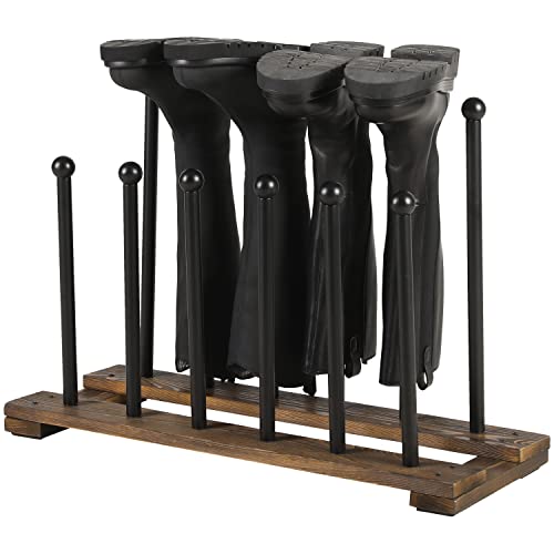 MyGift Modern Entryway Black Metal Boots and Shoe Rack with Rustic Burnt Solid Wood Base, Freestanding Tall Cowboy Boots Work Boot Organizer, Holds 6 Pairs