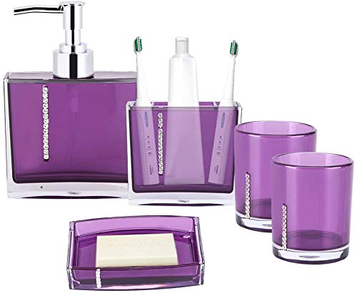 Purple Bathroom Accessories Set Purple Bathroom Accessories Bathroom Designer 5-Piece Bath Accessory Set,Acrylic Gift Set Toothbrush Holder Toothbrush Cup Soap Dispenser Soap Dish Toilet Brush Holder