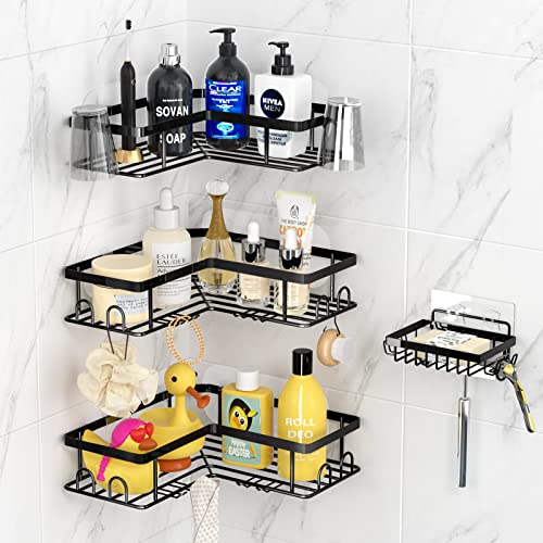 SIXDOVE 3-PACK Corner Shower Caddy- Corner Shower Shelf with 1 Soap Holder, Adhesive Shower Organizer with 18 Hooks, No Drilling Rustproof Stainless Steel Shower Rack Shelves for Bathroom & Kitchen