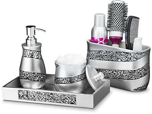 Creative Scents Silver Mosaic Qtip Holder - Decorative Cotton Ball Jar - Durable Resin cotton Swab dispenser - Beautiful Bathroom Vanity storage Accessories