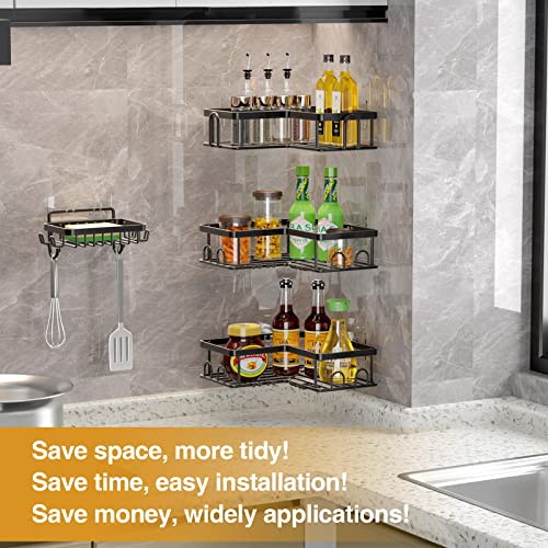 SIXDOVE 3-PACK Corner Shower Caddy- Corner Shower Shelf with 1 Soap Holder, Adhesive Shower Organizer with 18 Hooks, No Drilling Rustproof Stainless Steel Shower Rack Shelves for Bathroom & Kitchen