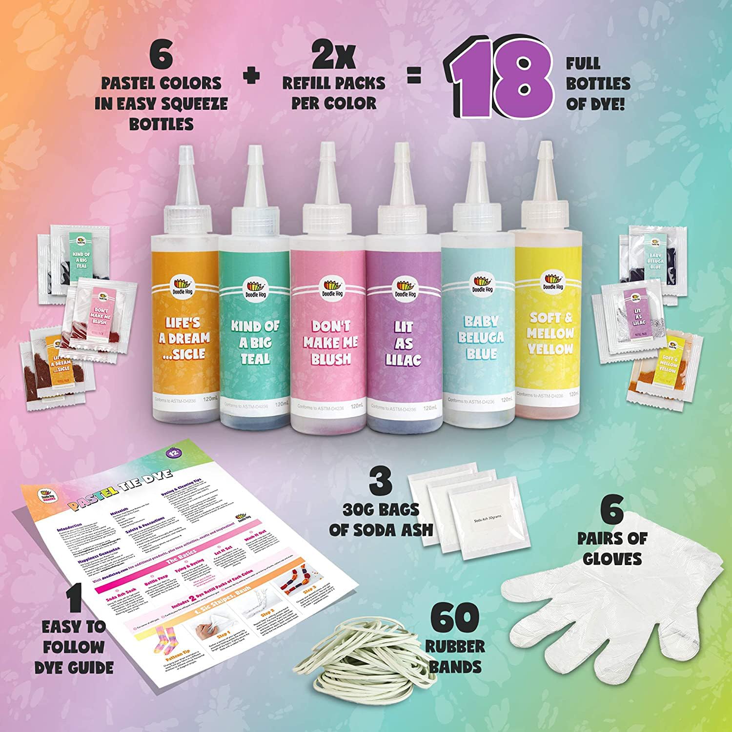 DOODLE HOG Pastel Tie Dye Kit for Large Groups, DIY Tie Dye Kit for Kids, Clothing Dye Supplies, Tie Dye Kits for Adults, 18 Full Bottles