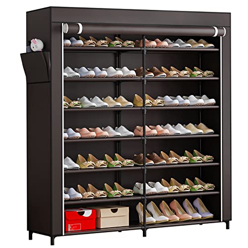 LINZINAR Shoe Rack Storage Organizer 42 Pairs Portable Double Row with Nonwoven Fabric Cover Shoe Cabinet for Closet (7 Tier, Coffee)