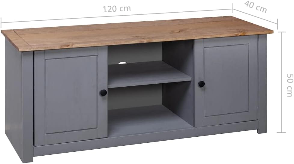 vidaXL Solid Pine Wood TV Stand - Panama Range - Gray, Retro Design, Ideal for Living Room, 47.2"x15.7"x19.7" with 2 Doors, 2 Compartments, Scandinavian Style