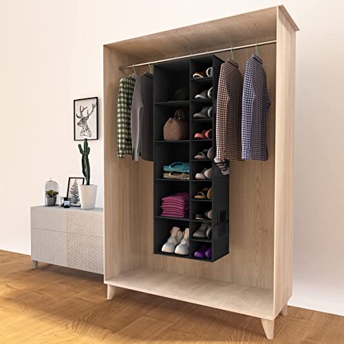 Libeder Shoe Organizer for Closet, 15 Shelf Hanging Closet Storage Shelves - 10 Shoe Rack Organizer and 5 Compartment for Clothes with 6 Side Mesh Pockets for Scarf, Socks,Gloves Black