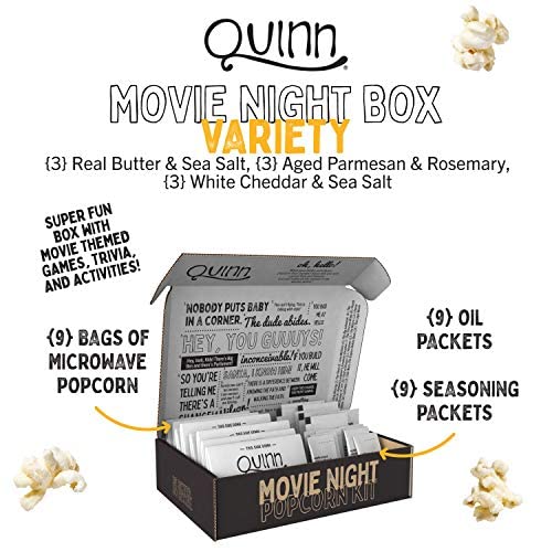 Quinn Movie Night Popcorn Variety Gift Kit, 3 Flavors - Real Butter, Parmesan & Rosemary, White Cheddar, Non-Gmo, Organic Popcorn Kernels (9 bags)