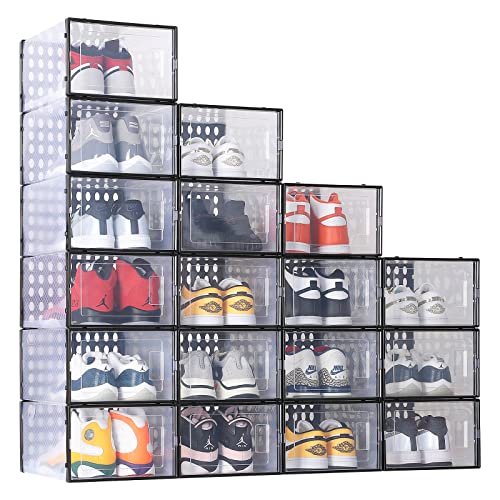 Suptsifira Shoe Storage Box,18 Packs Shoe Boxes Clear Plastic Stackable, Space Saving Collapsible Shoes Sneaker Container Storage Box, Shoe Boxes with Lids for Closet, Storage and Display (Black) (18 pack) (19 pack)